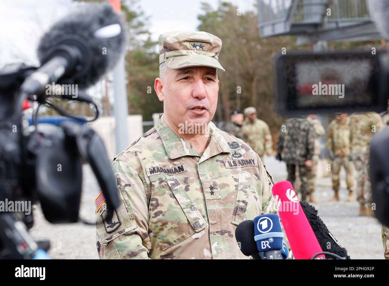 28 March 2023, Bavaria, Grafenwöhr: Major General Stephen Maranian of the U.S. Army gives an ...