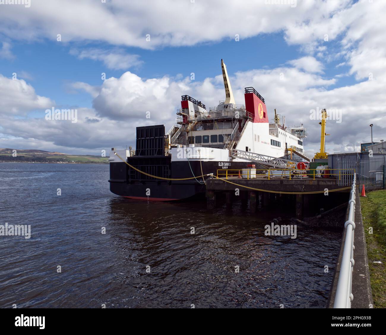 work continues on the overdue Calmac ferry Glan Sannox moored at ...
