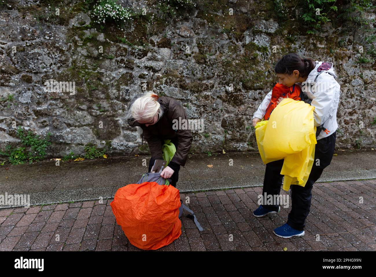 Three pilgrims walk the Portuguese Camino de Santiago on a rainy day ...