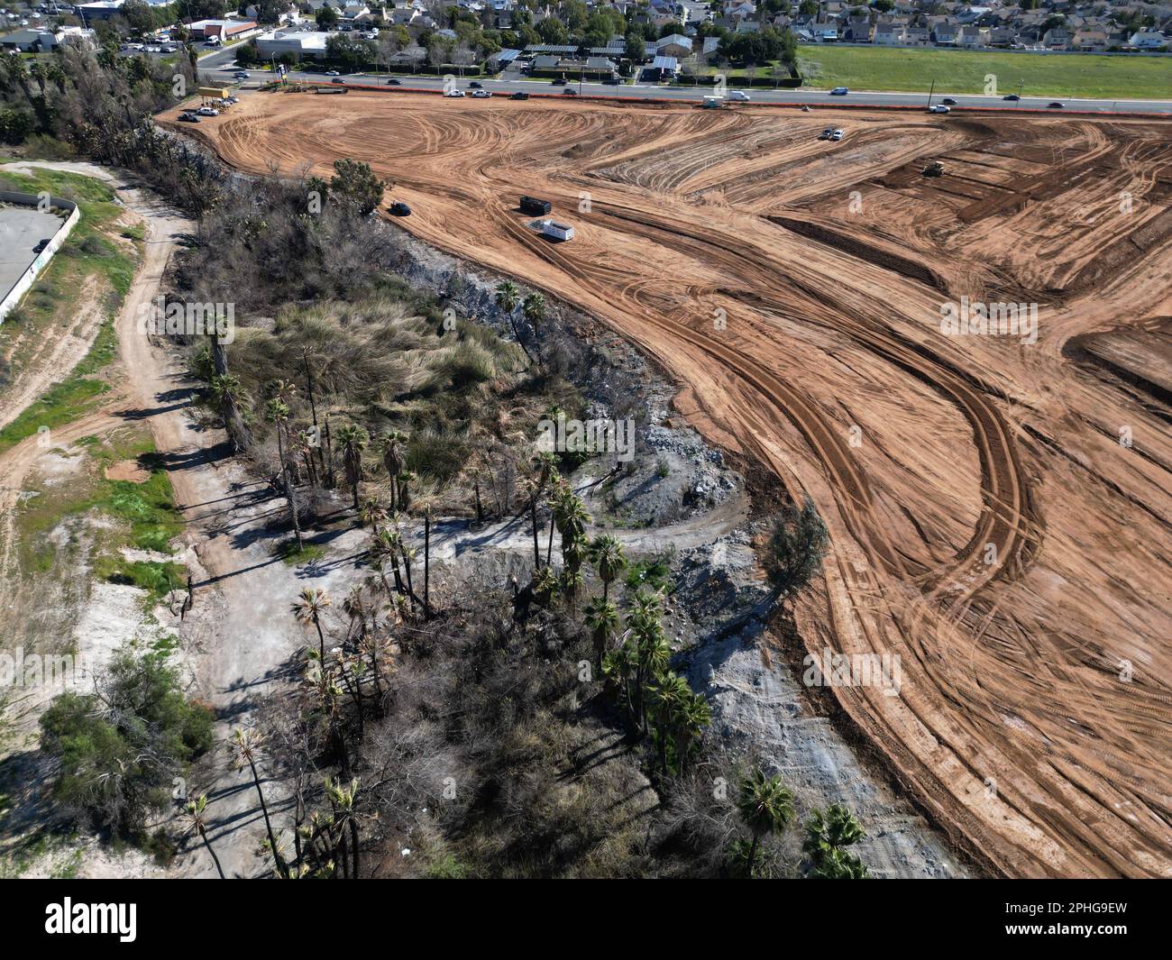 Aerial view of urban construction site located adjacent to residential ...