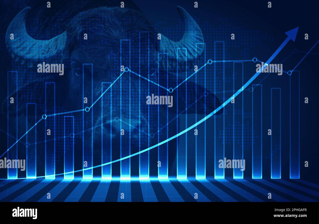 Abstract financial chart with uptrend line graph arrow and portrait of ...