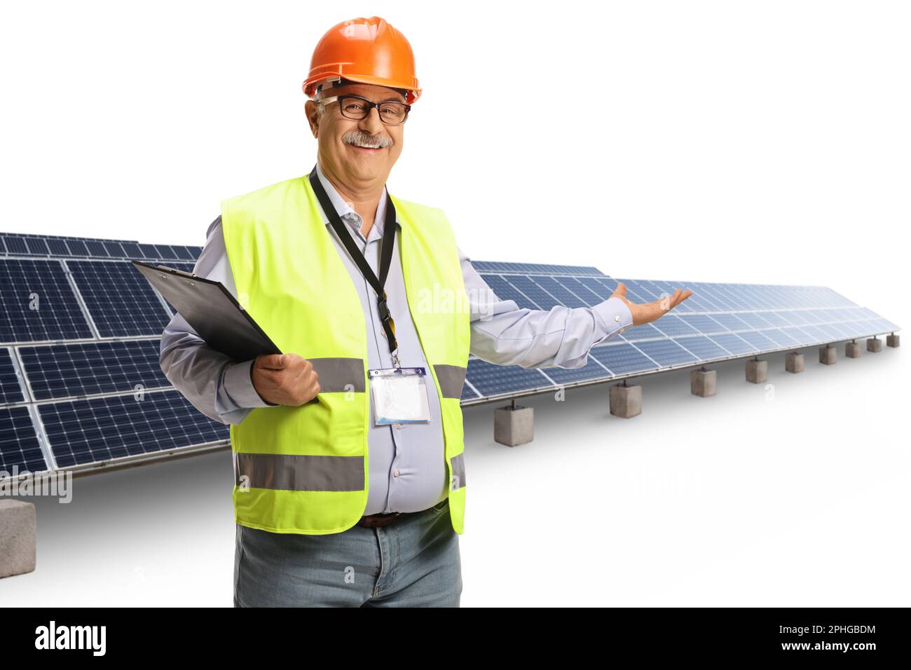 Engineer presenting a solar farm isolated on white background Stock ...