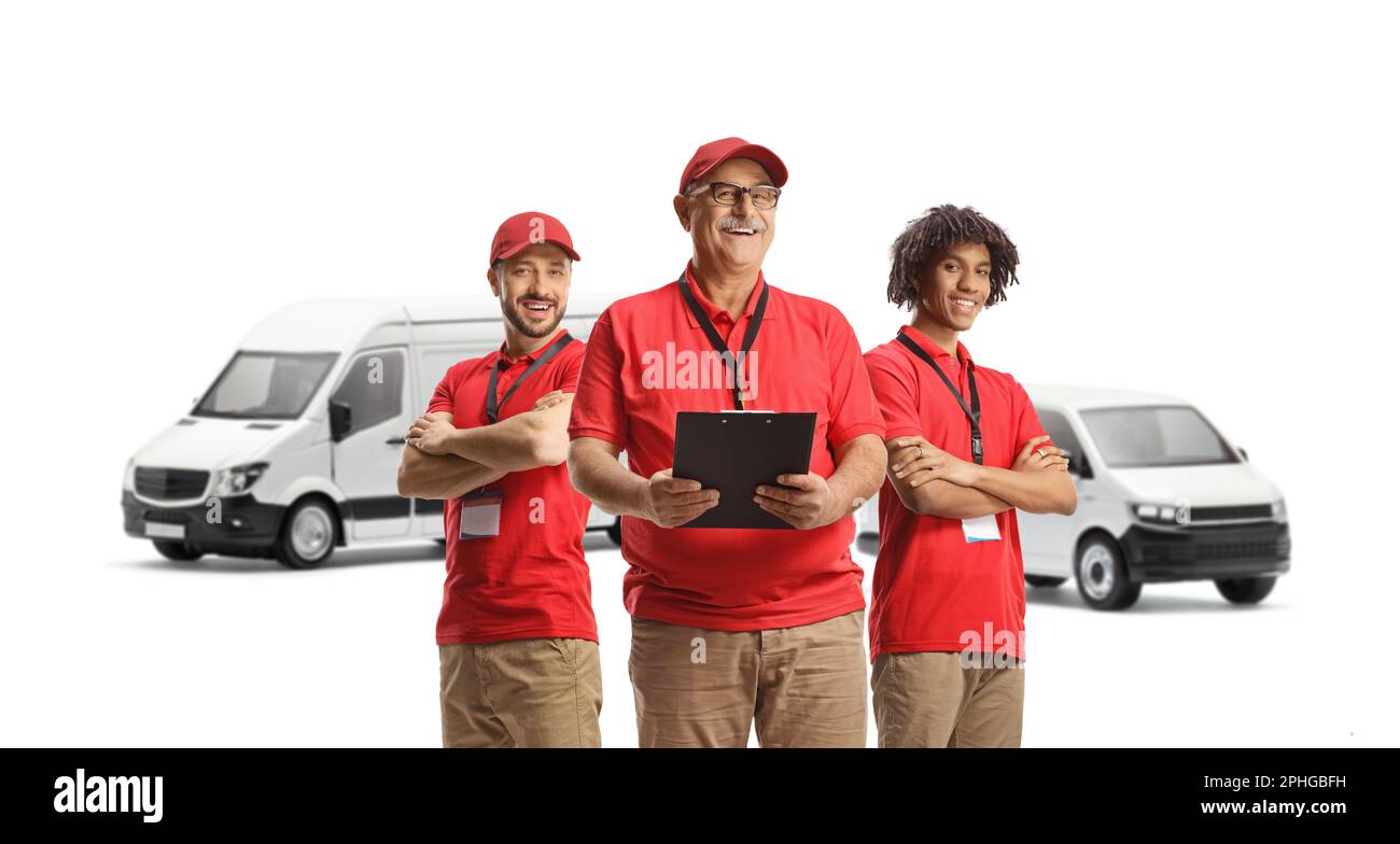 Couriers posing in front of white vans isolated on white background ...