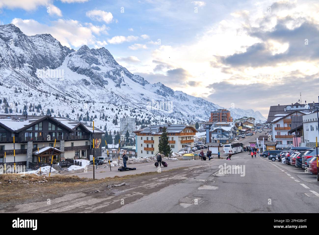 Tonale, Italy: view of passo del Tonale during winter with blue sky ...
