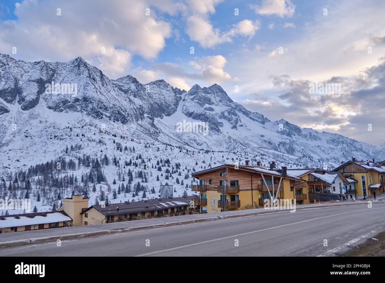Tonale, Italy: view of passo del Tonale during winter with blue sky ...