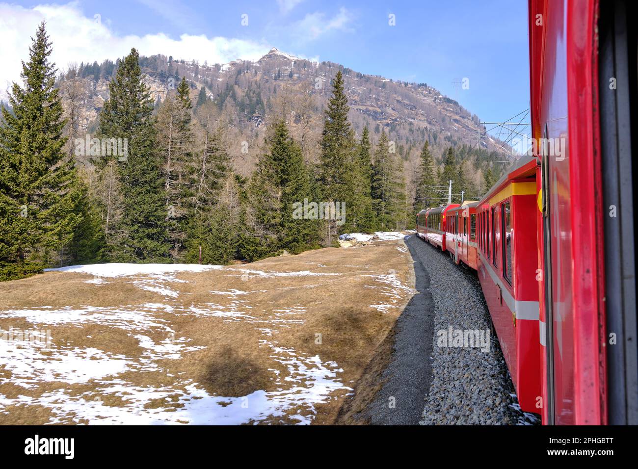 The famous Swiss mountain train of Bernina Express crossed italian and ...
