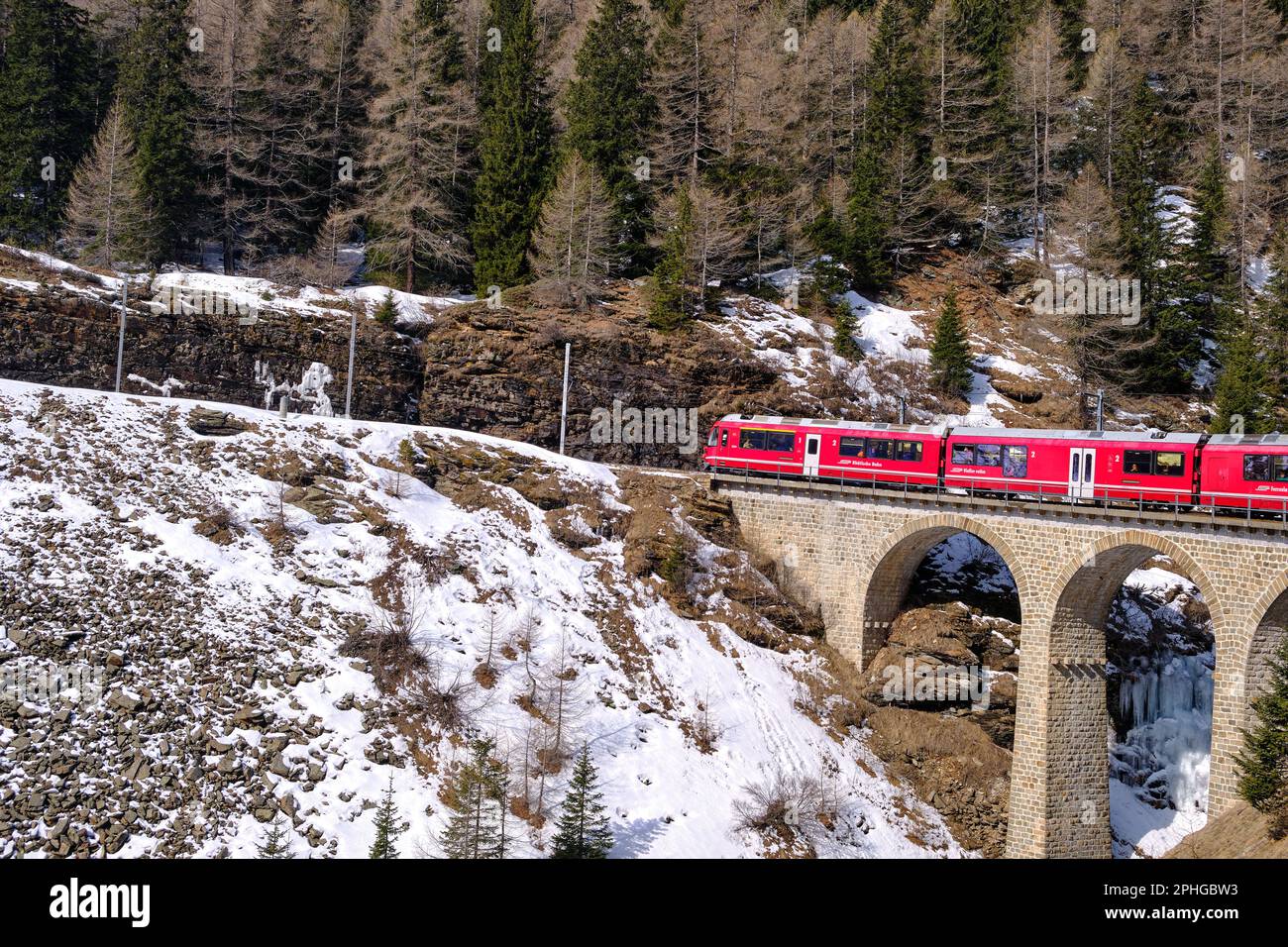 The famous Swiss mountain train of Bernina Express crossed italian and ...