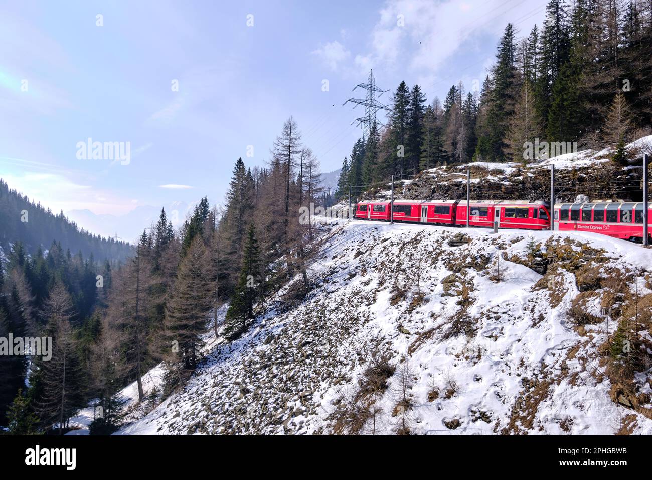 The famous Swiss mountain train of Bernina Express crossed italian and ...