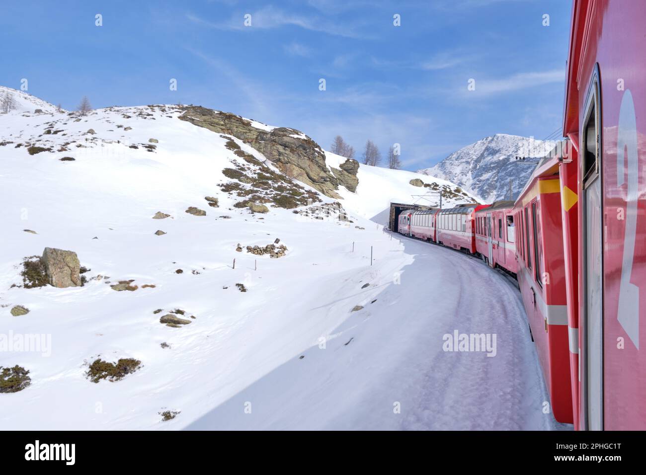 The famous Swiss mountain train of Bernina Express crossed italian and ...
