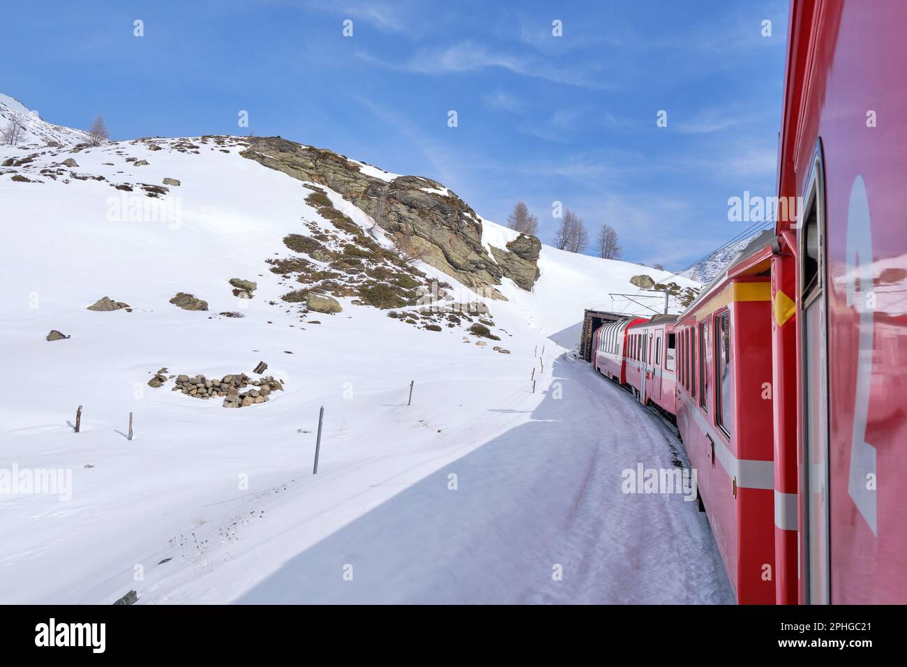 The famous Swiss mountain train of Bernina Express crossed italian and ...