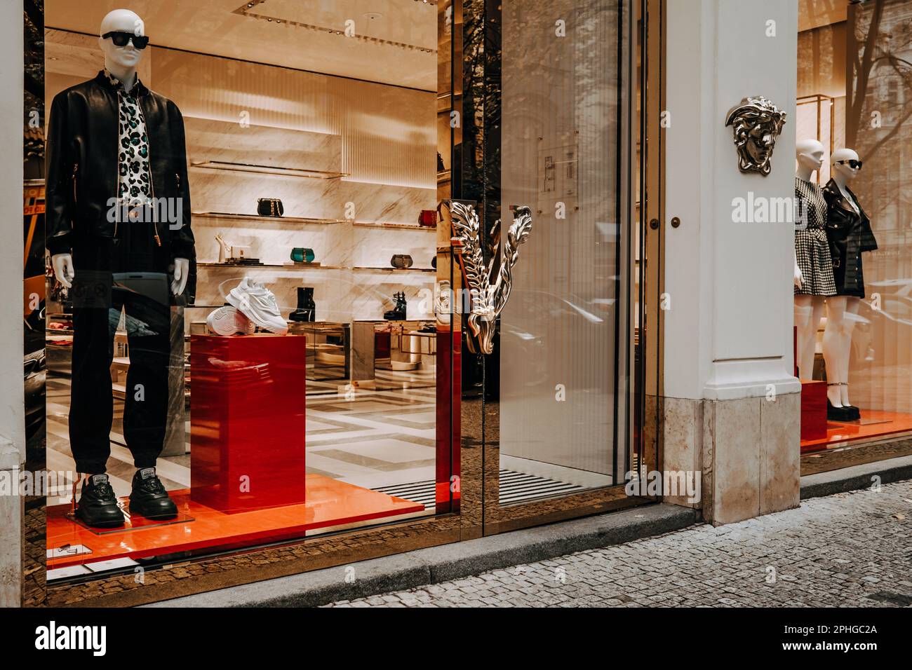 Prague, Czech - March 2023. Versace brand retail shop, store logo ...