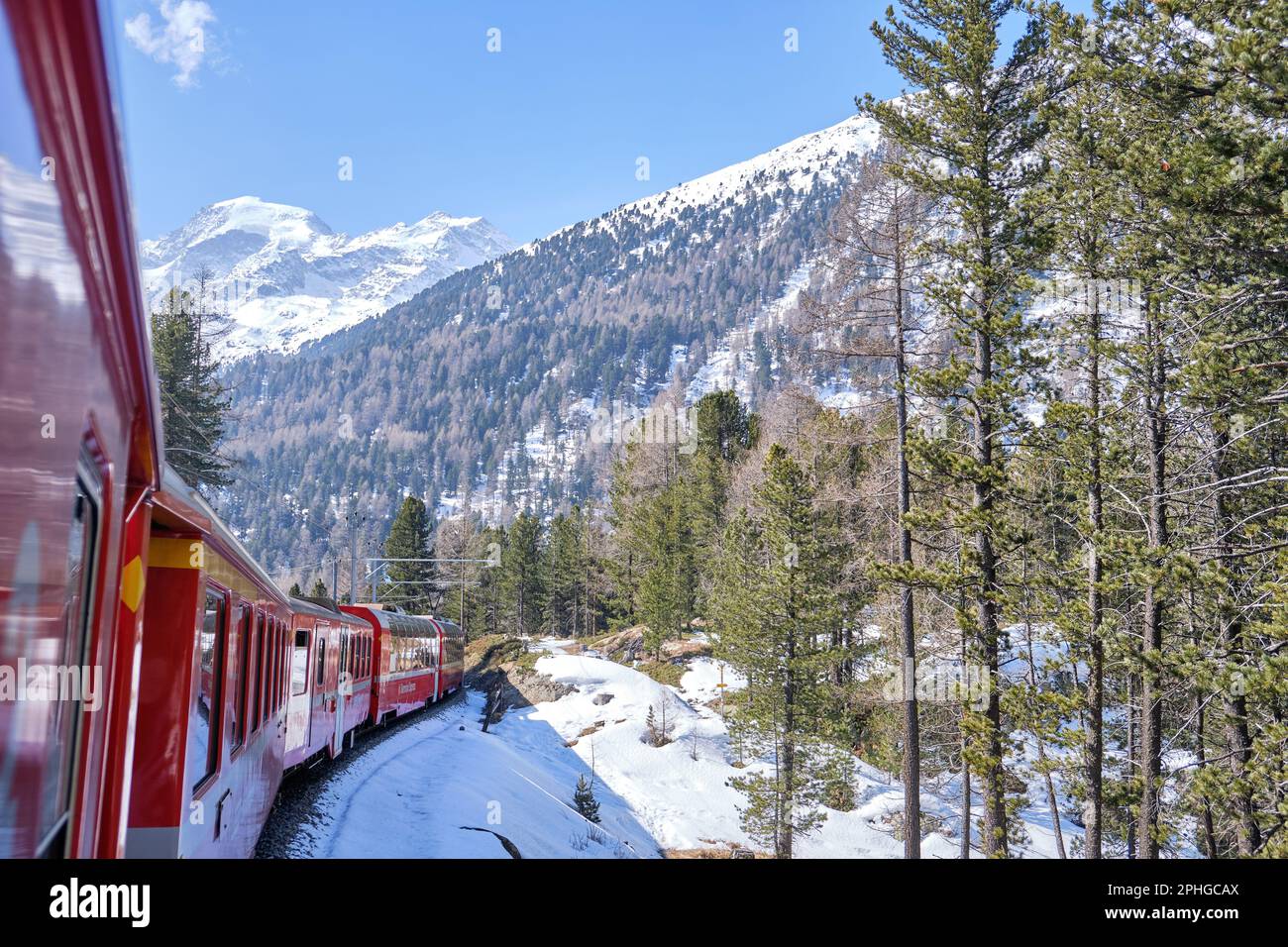 The famous Swiss mountain train of Bernina Express crossed italian and ...