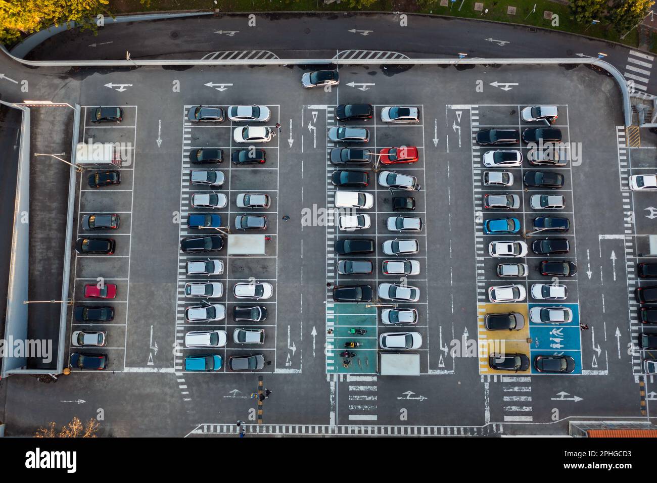 Aerial view of large car parking with many parked cars. Car park near ...