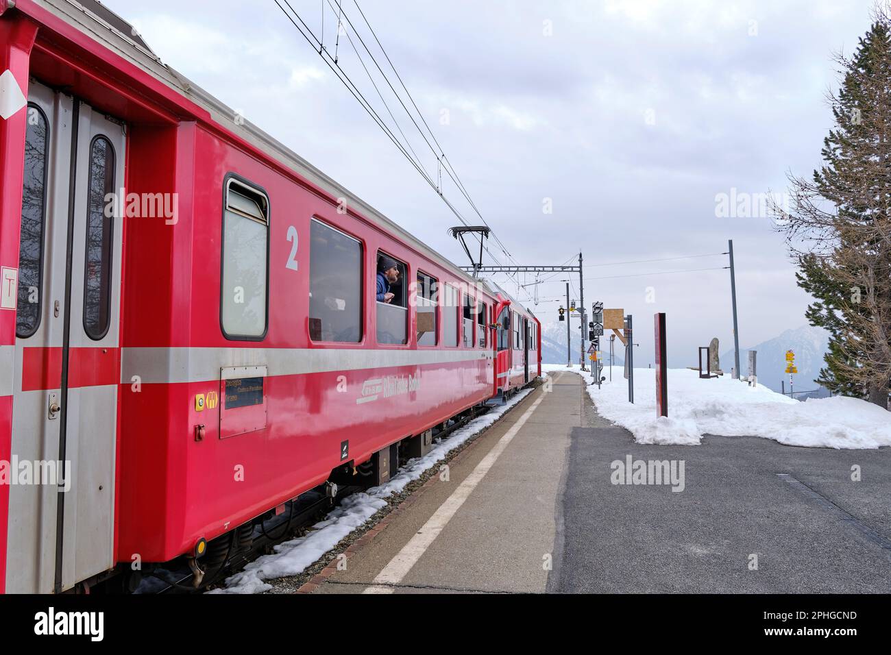 The famous Swiss mountain train of Bernina Express crossed italian and ...