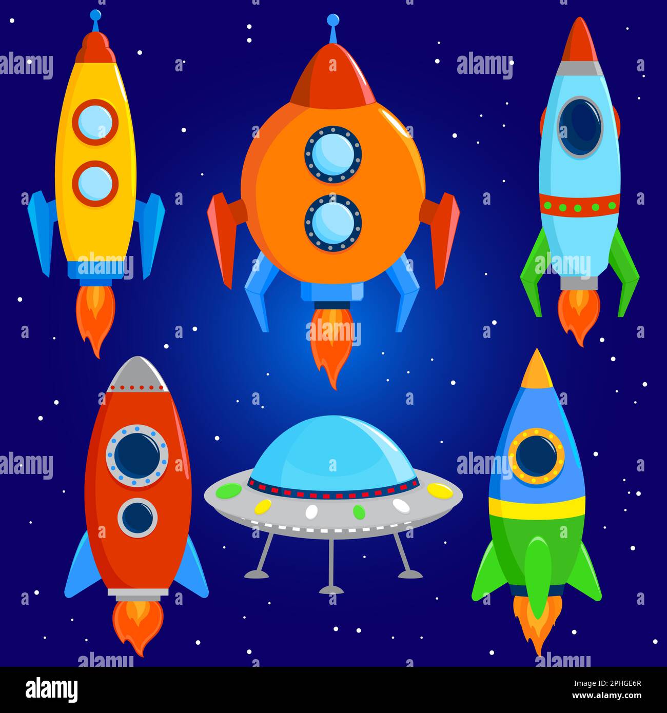 Set of space ships and UFOs. Space rocket launch. Vector illustration ...