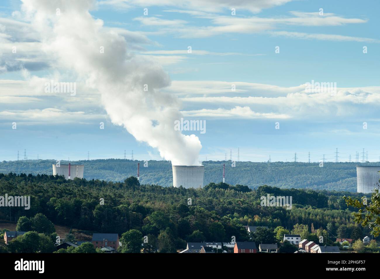Chimney of the nuclear power plant of Tihange, located along the river ...