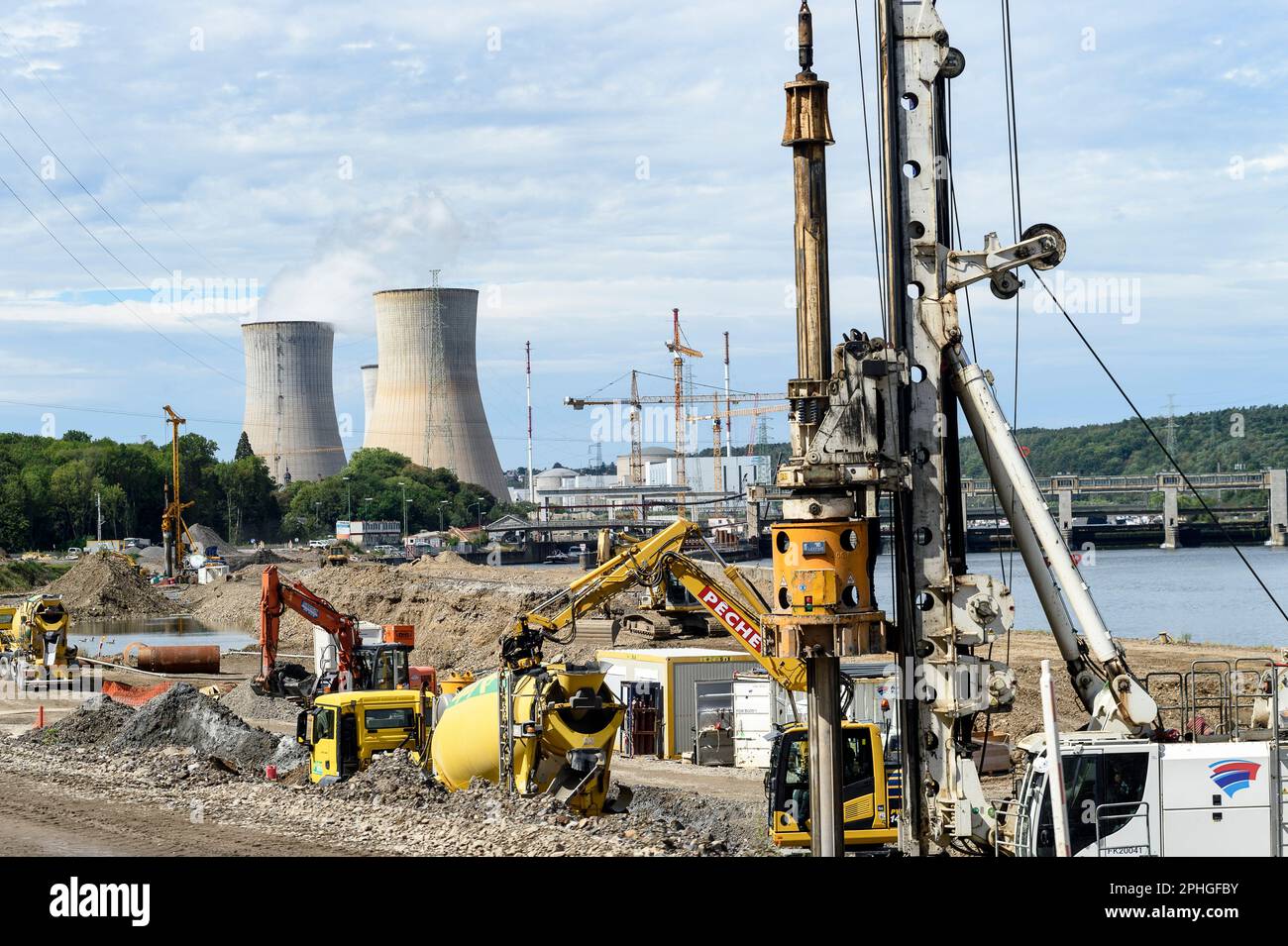 Chimney of the nuclear power plant of Tihange, located along the river ...