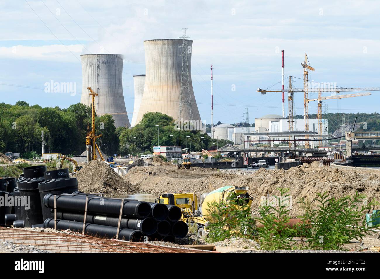 Chimney of the nuclear power plant of Tihange, located along the river ...
