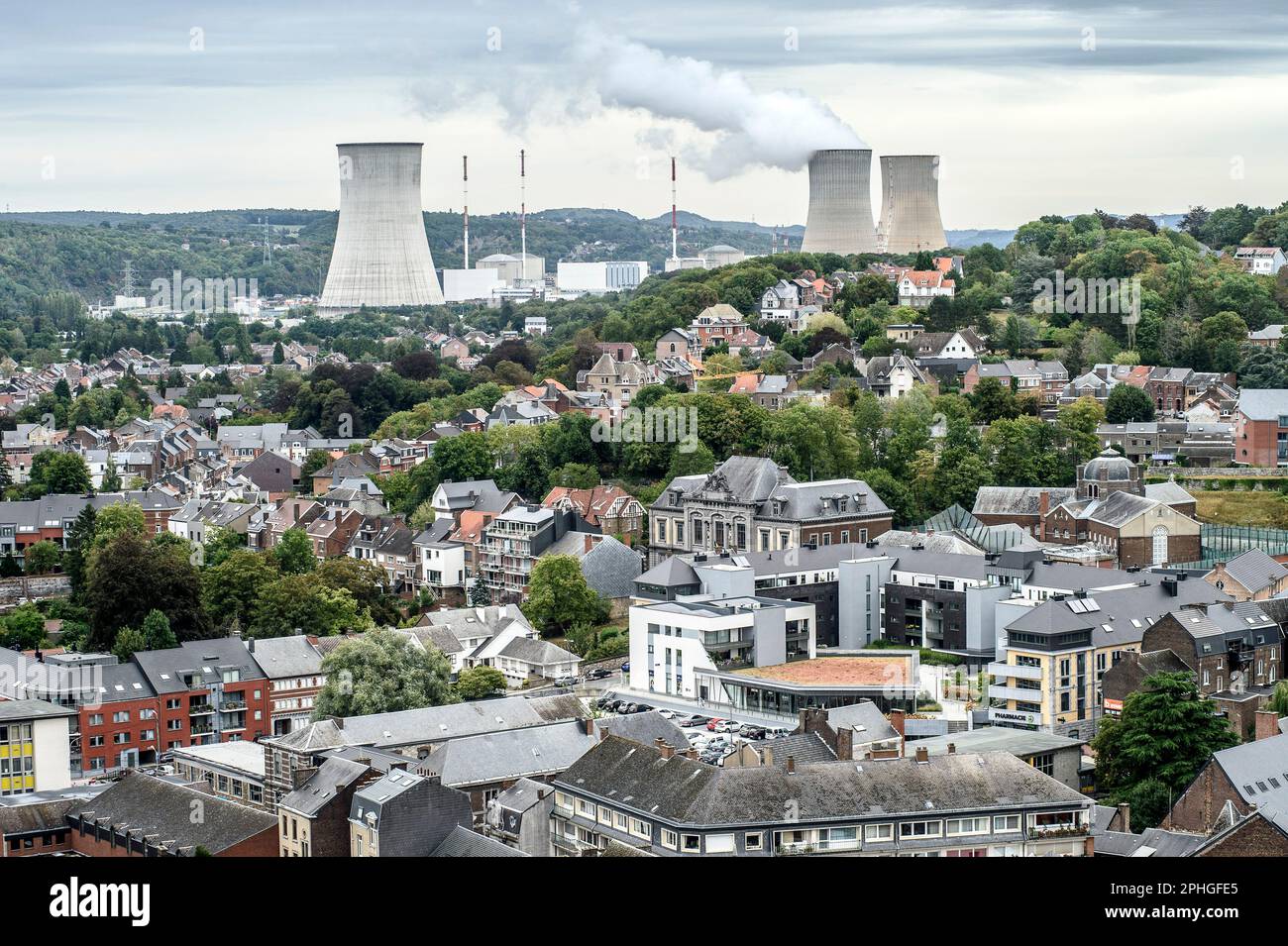 Chimney of the nuclear power plant of Tihange, located along the river ...
