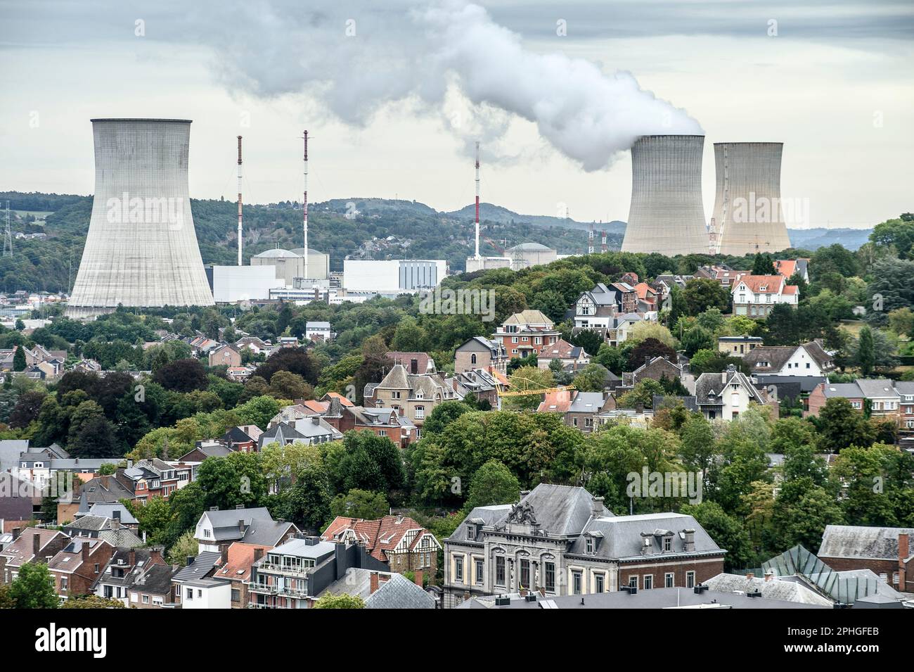 Chimney of the nuclear power plant of Tihange, located along the river ...
