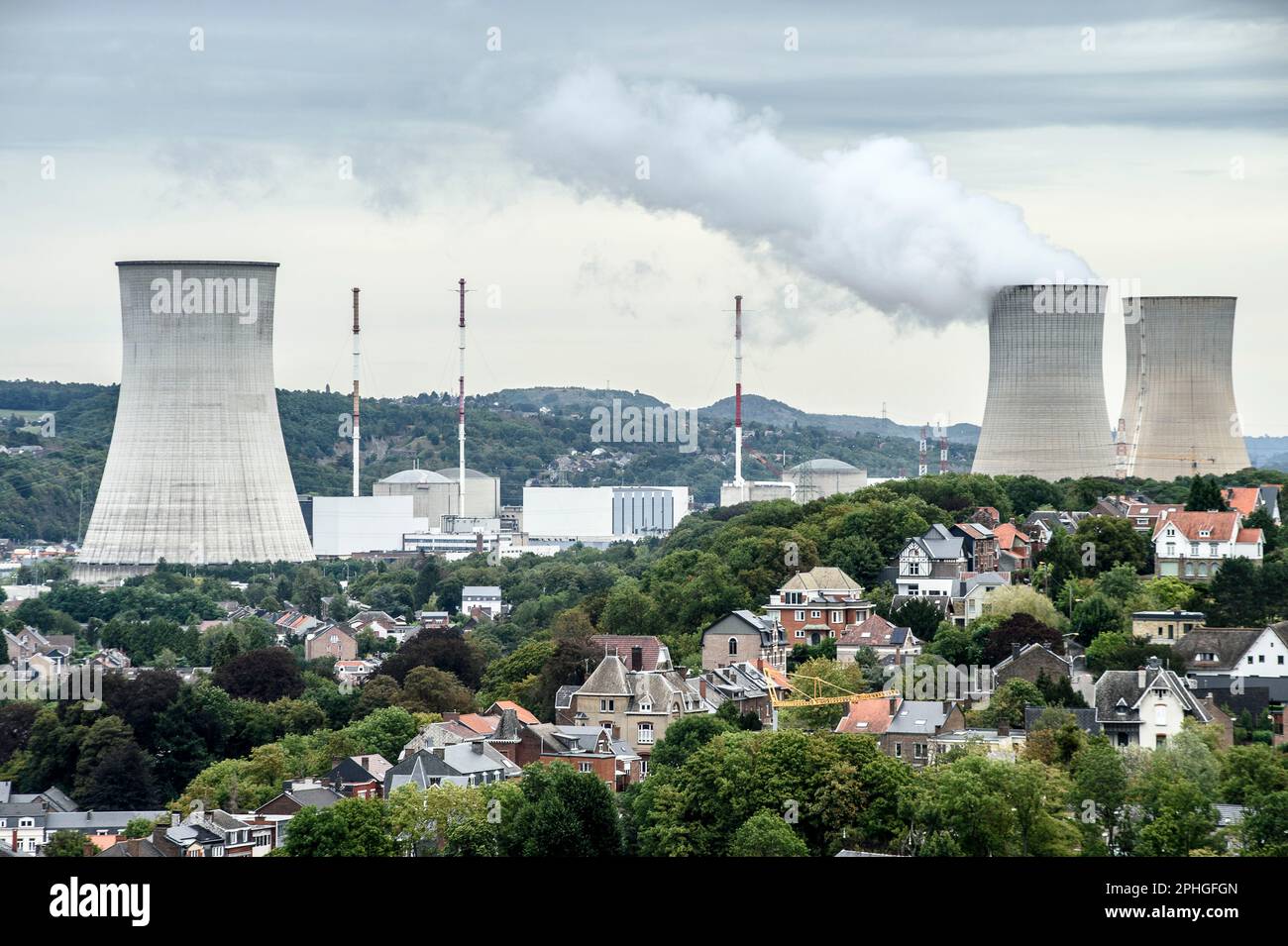 Chimney of the nuclear power plant of Tihange, located along the river ...