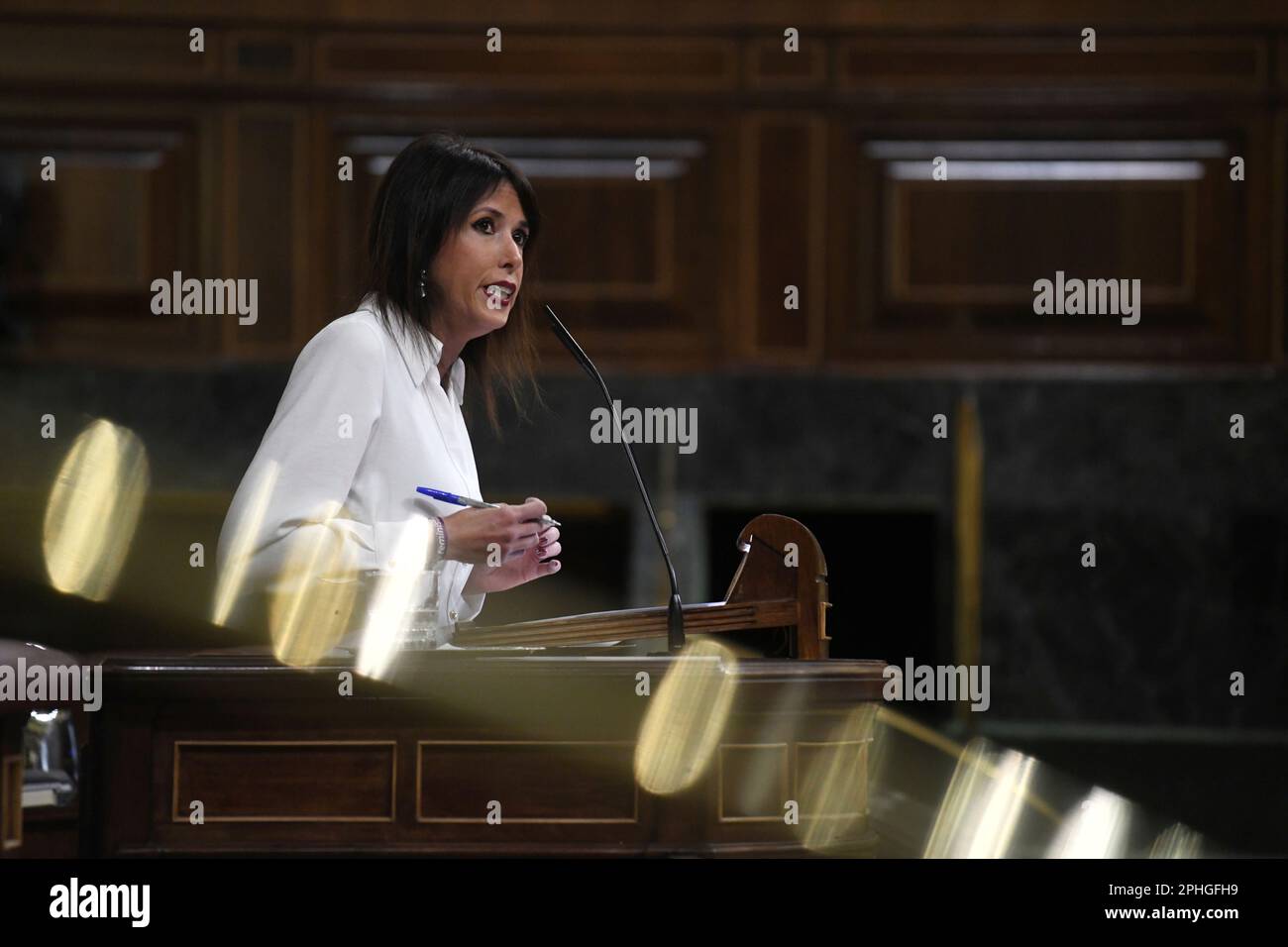 The deputy of Unidas Podemos, Martina Velarde speaks during a plenary ...