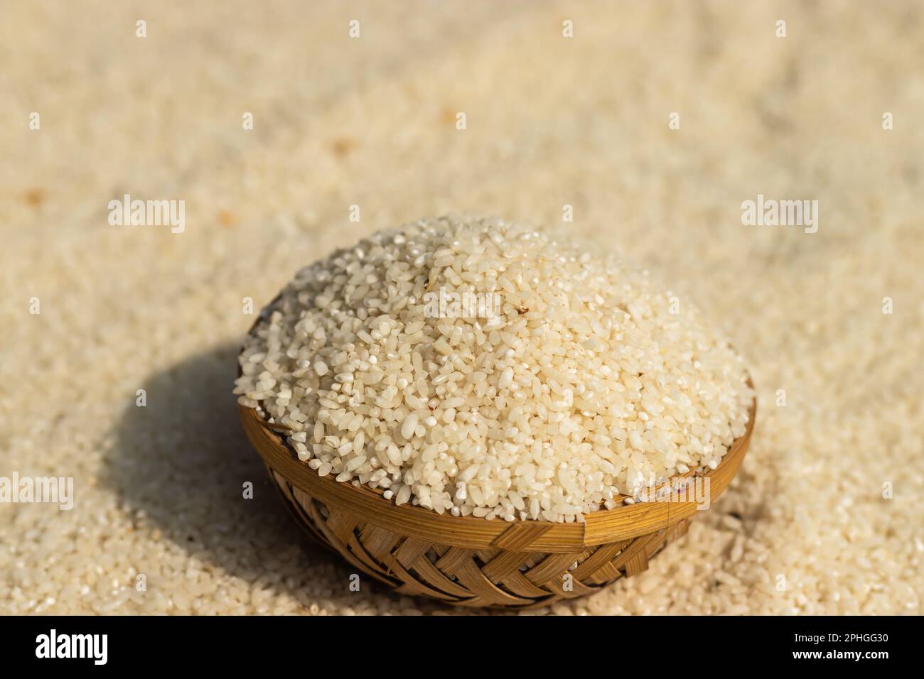 rice in bamboo bowl from top angle at day Stock Photo - Alamy