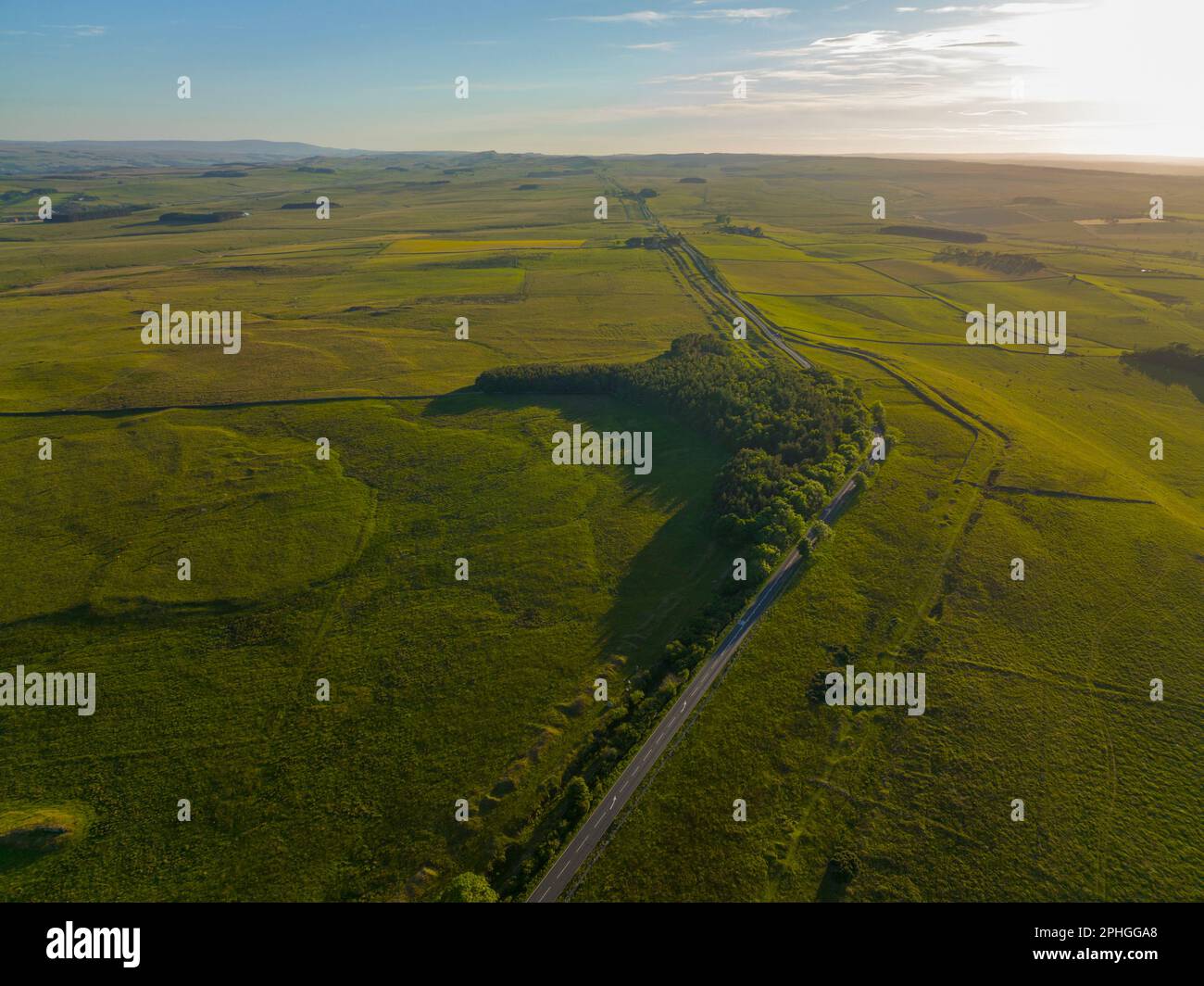 Black Carts Turret aerial view on Hadrian's Wall ruin near village of ...