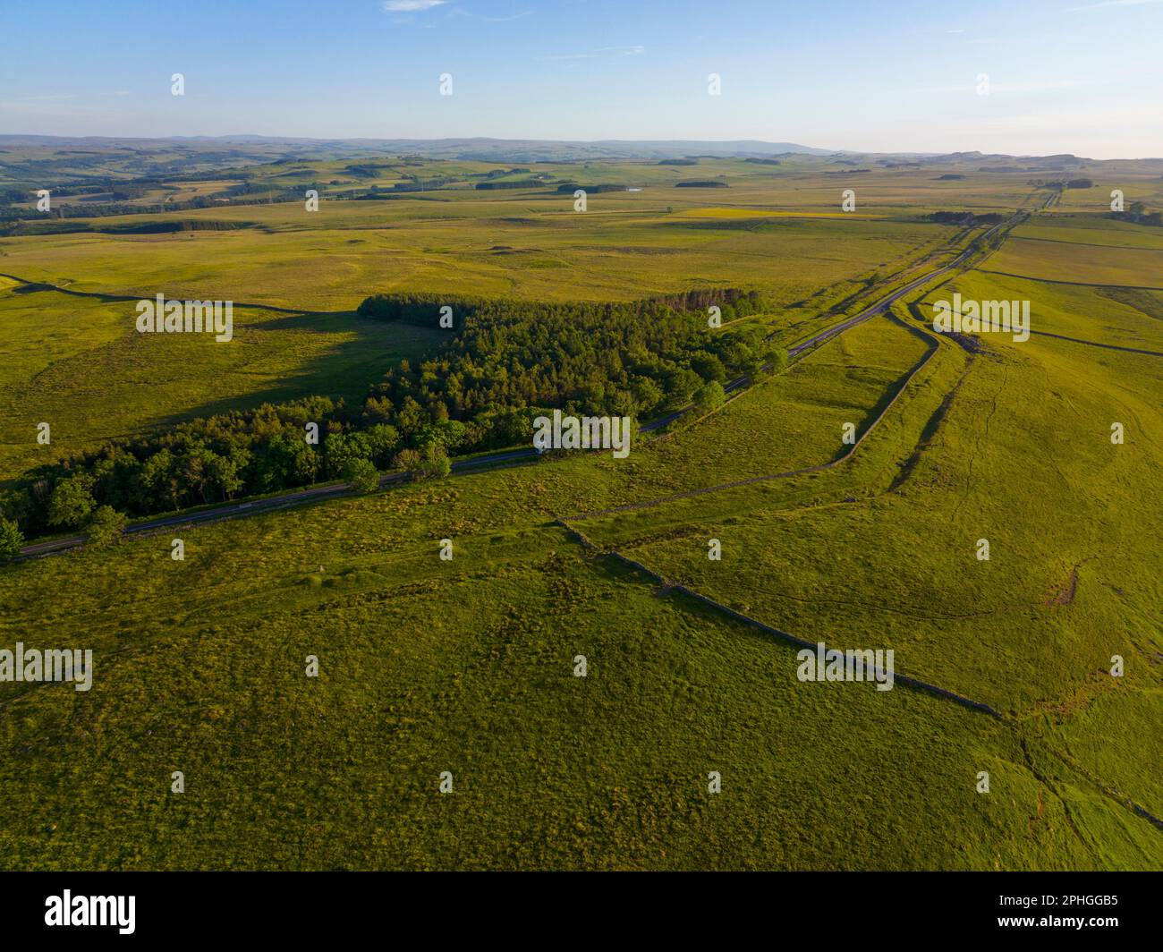 Black Carts Turret aerial view on Hadrian's Wall ruin near village of ...