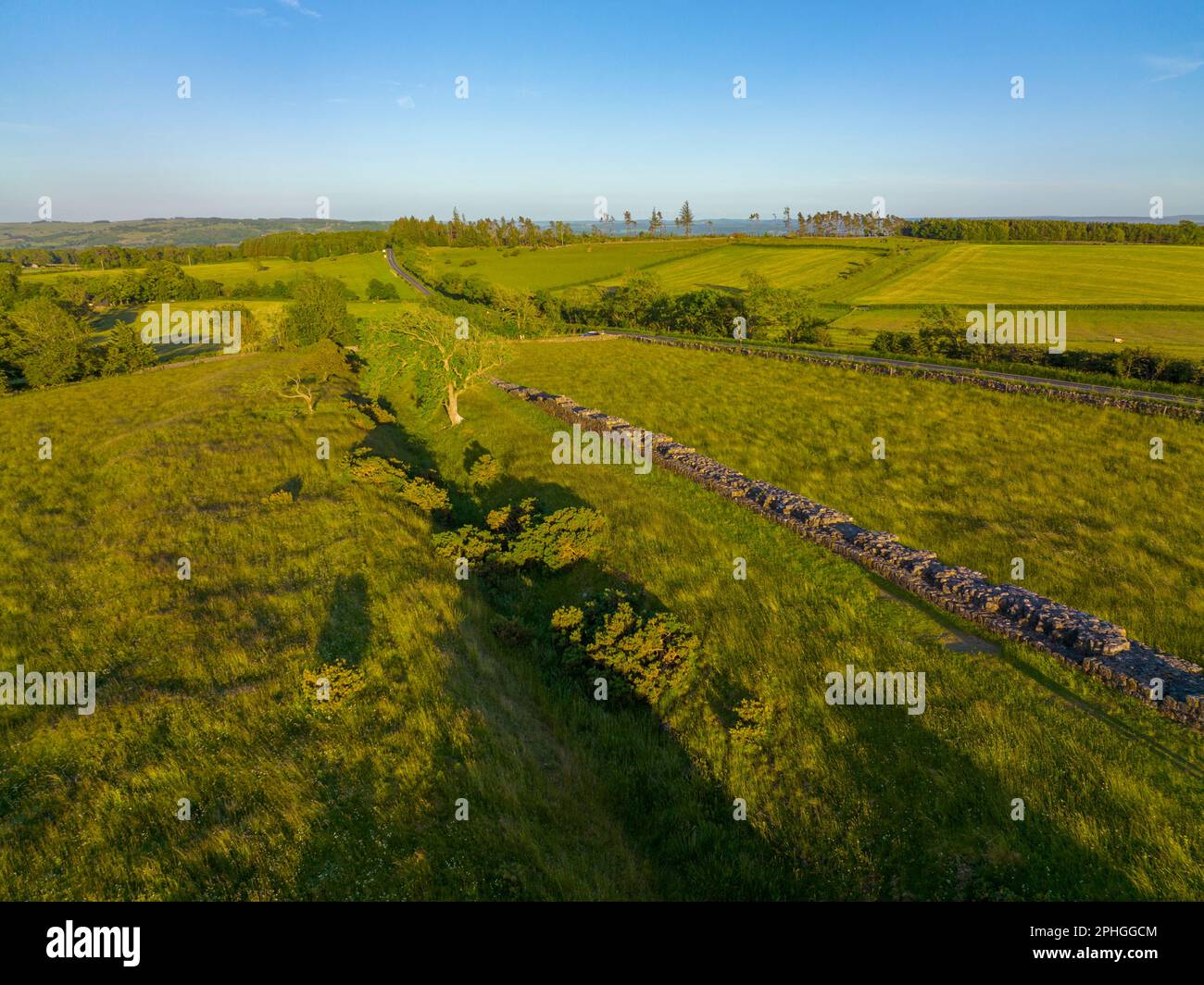 Black Carts Turret aerial view on Hadrian's Wall ruin near village of ...
