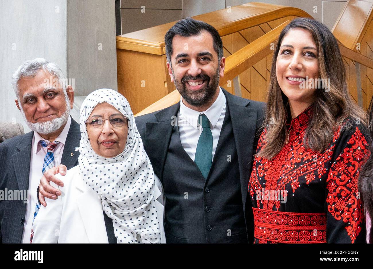 Humza Yousaf, with his wife Nadia El-Nakla, father Muzaffar Yousaf and ...
