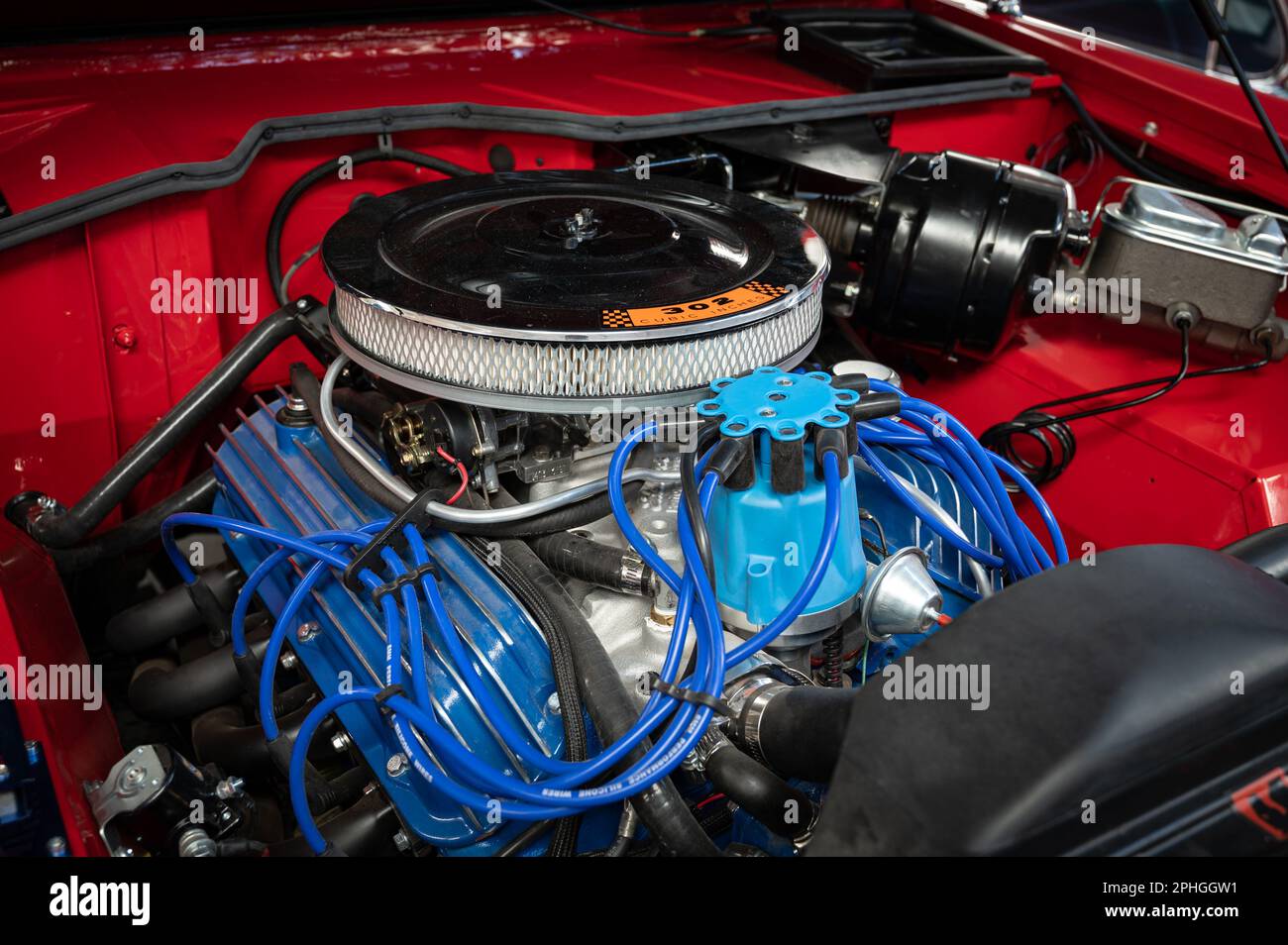 Detail of a large American V8 302 carburetion engine with Edelbrock ...