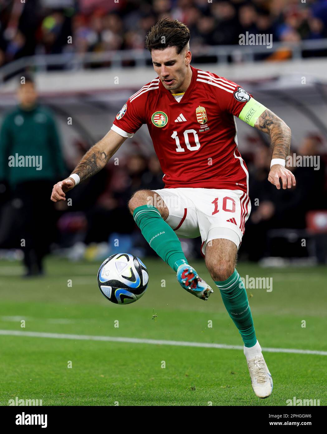 BUDAPEST, HUNGARY - MARCH 27: Dominik Szoboszlai of Hungary controls ...