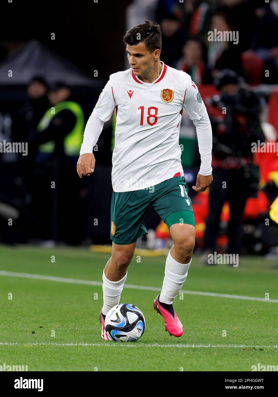 BUDAPEST, HUNGARY - MARCH 27: Nikola Iliev of Bulgaria controls the ...