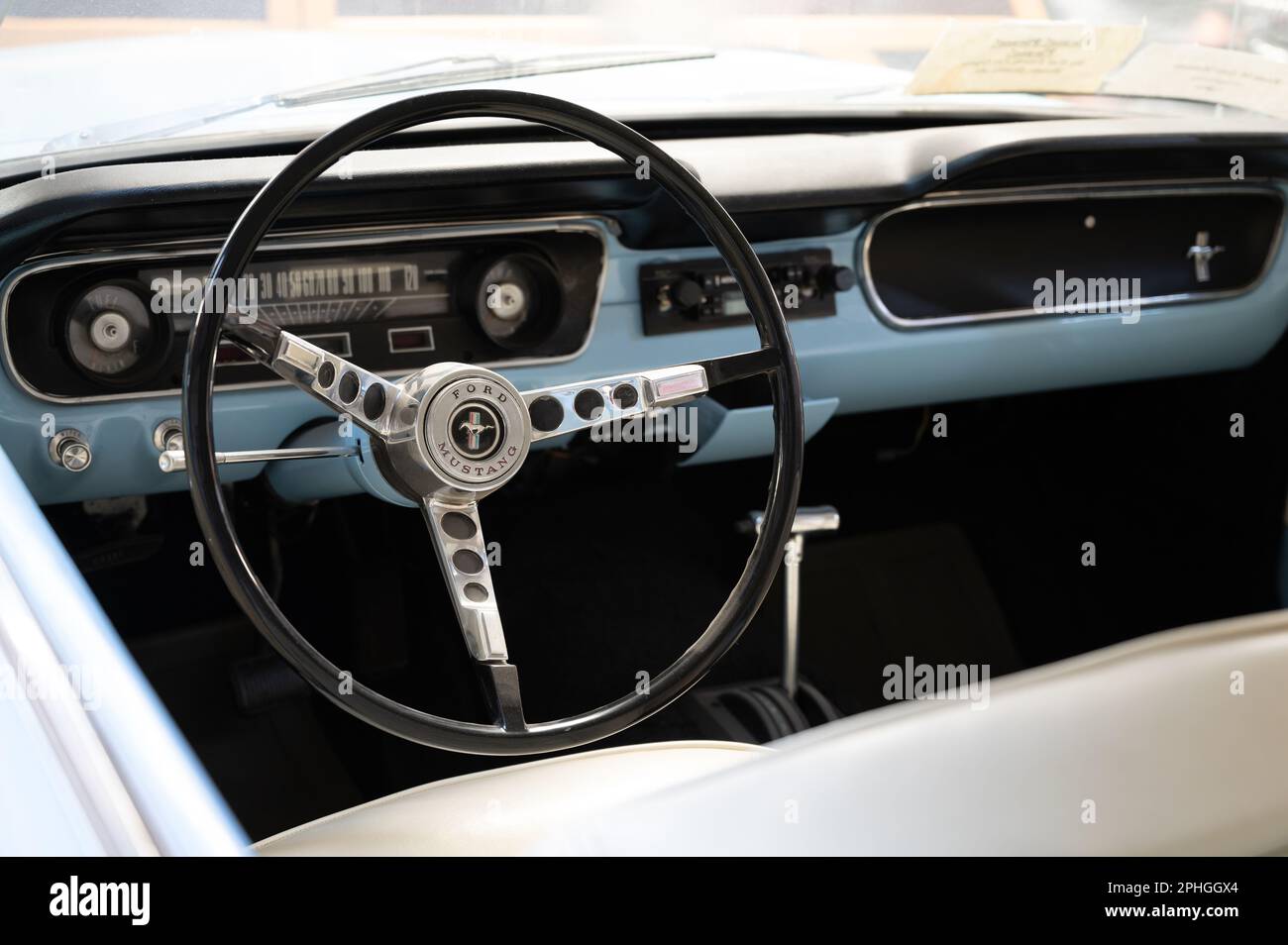 Detail of the interior of a classic blue 1965 Ford Mustang first ...