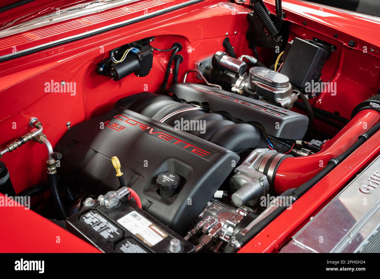 Detail of a Chevrolet LS3 engine mounted on an old Chevrolet Bel Air ...