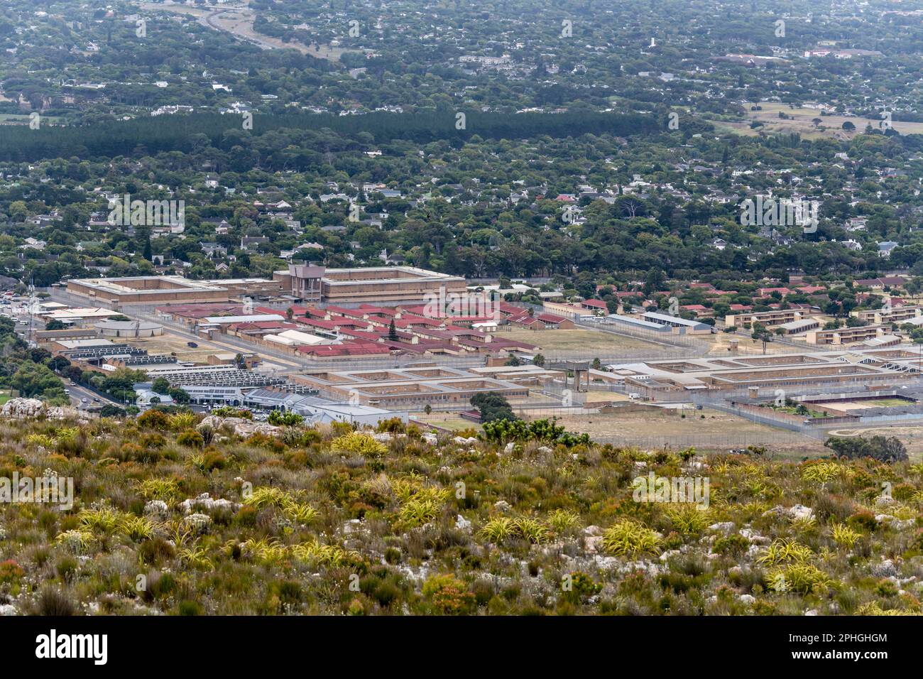aerial cityscape with large buildings of Pollsmoor Prison, shot from ...