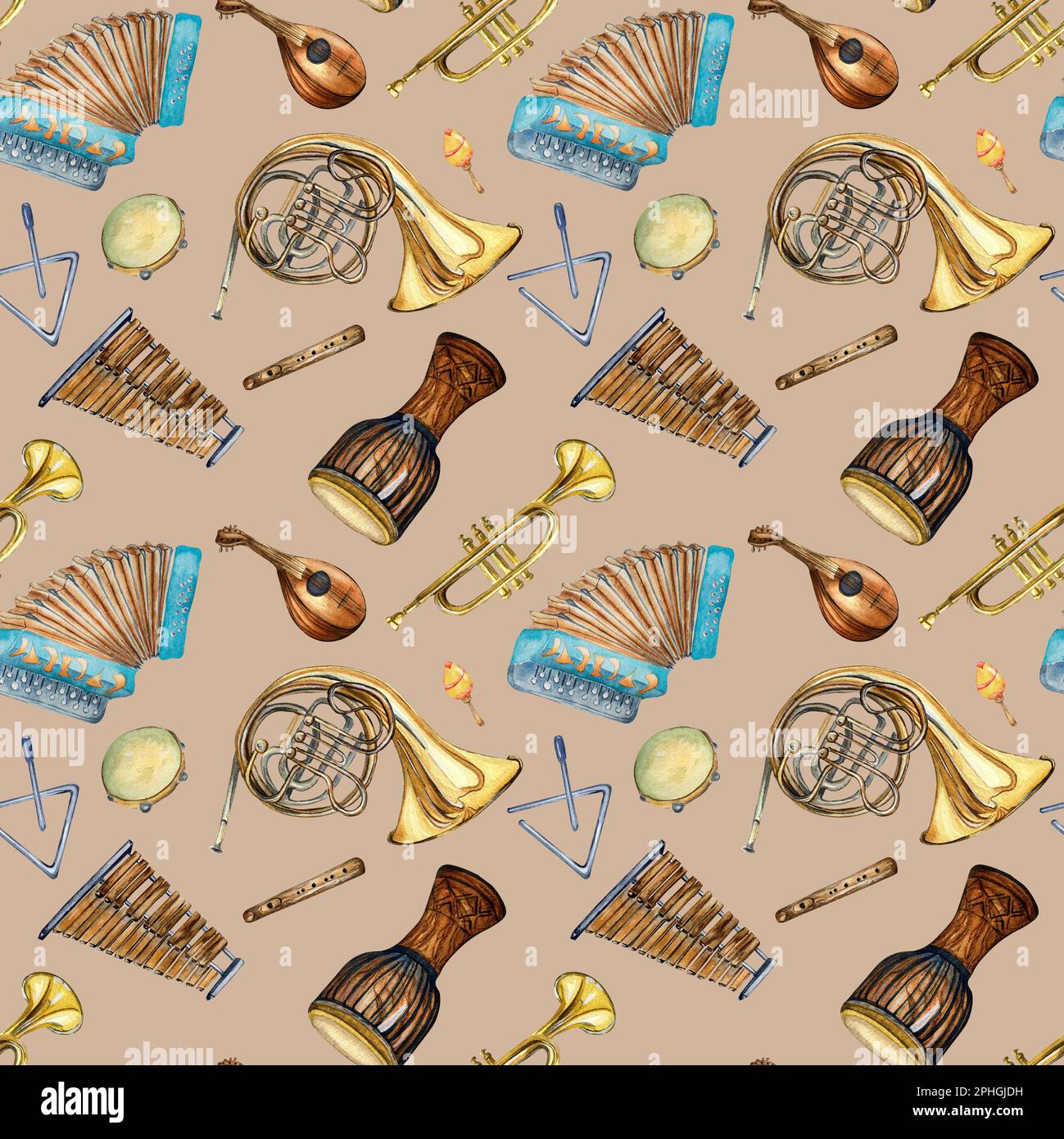Musical instruments seamless pattern watercolor isolated on beige. Folk ...