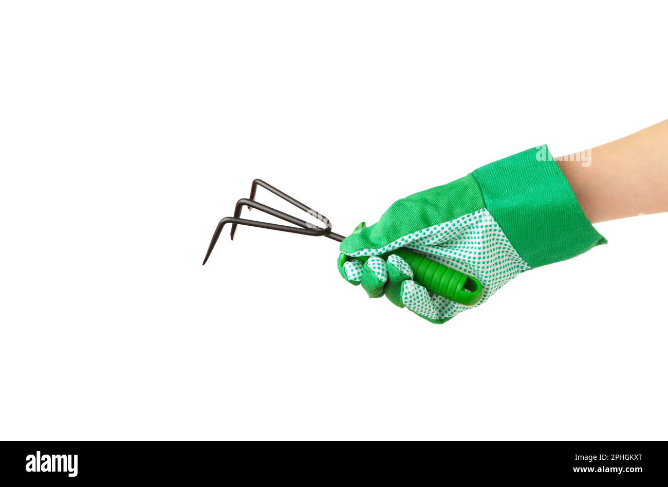 Women holding green garden rake isolated on white background, top view ...