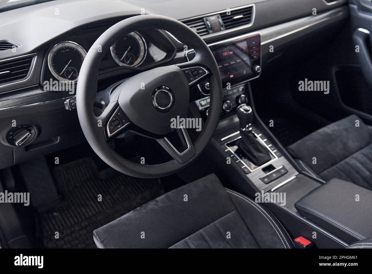Front panel of brand new modern vehicle with digital tablet and control ...
