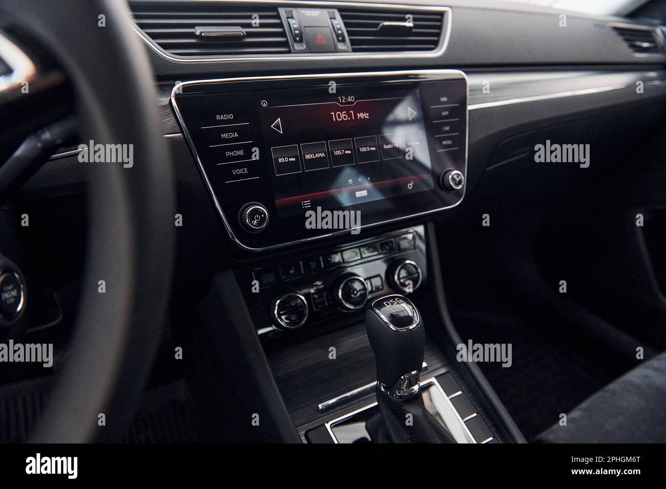 Front panel of brand new modern vehicle with digital tablet and control ...