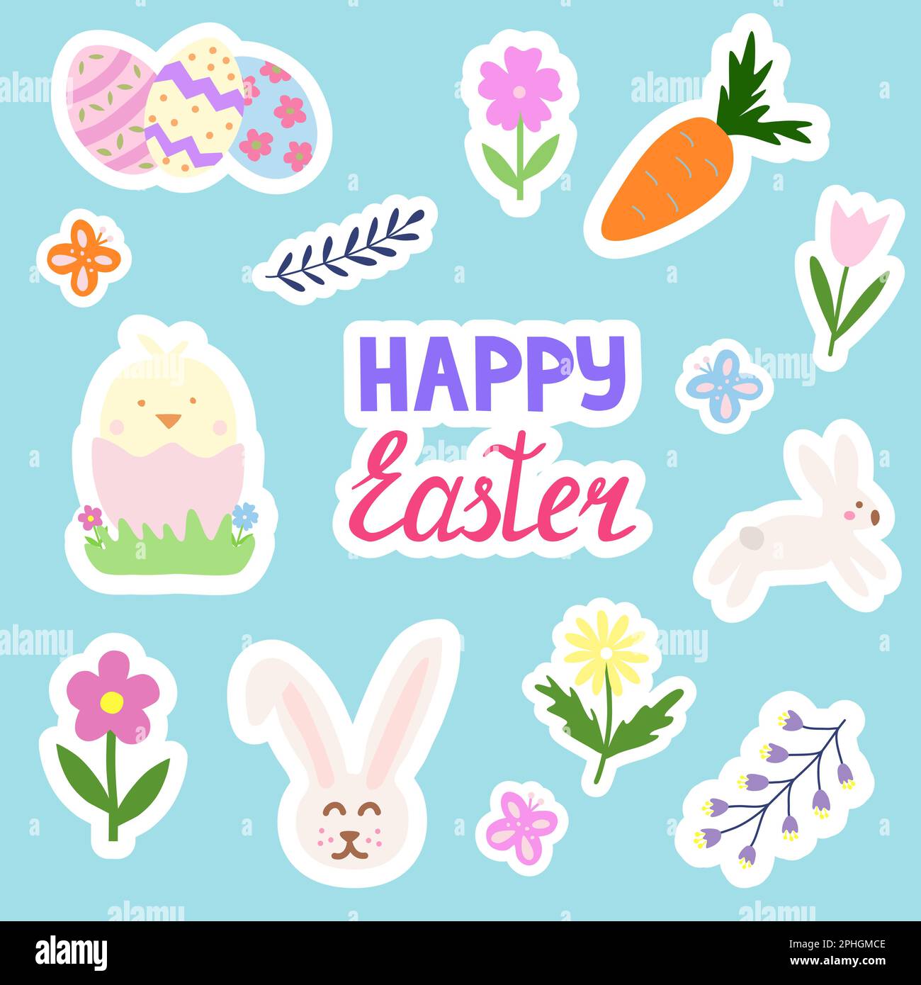 Easter sticker pack with colourful eggs, chick, bunny, butterfly ...