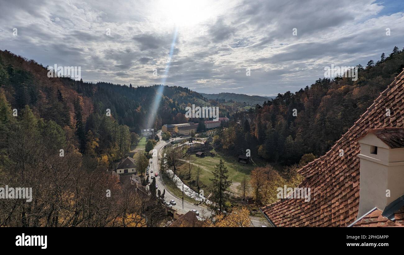 An aerial view of a tranquil mountain landscape from the rooftop of a ...