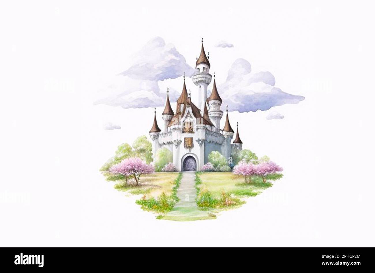 castle in a romantic style with flowering trees and white clouds on a ...