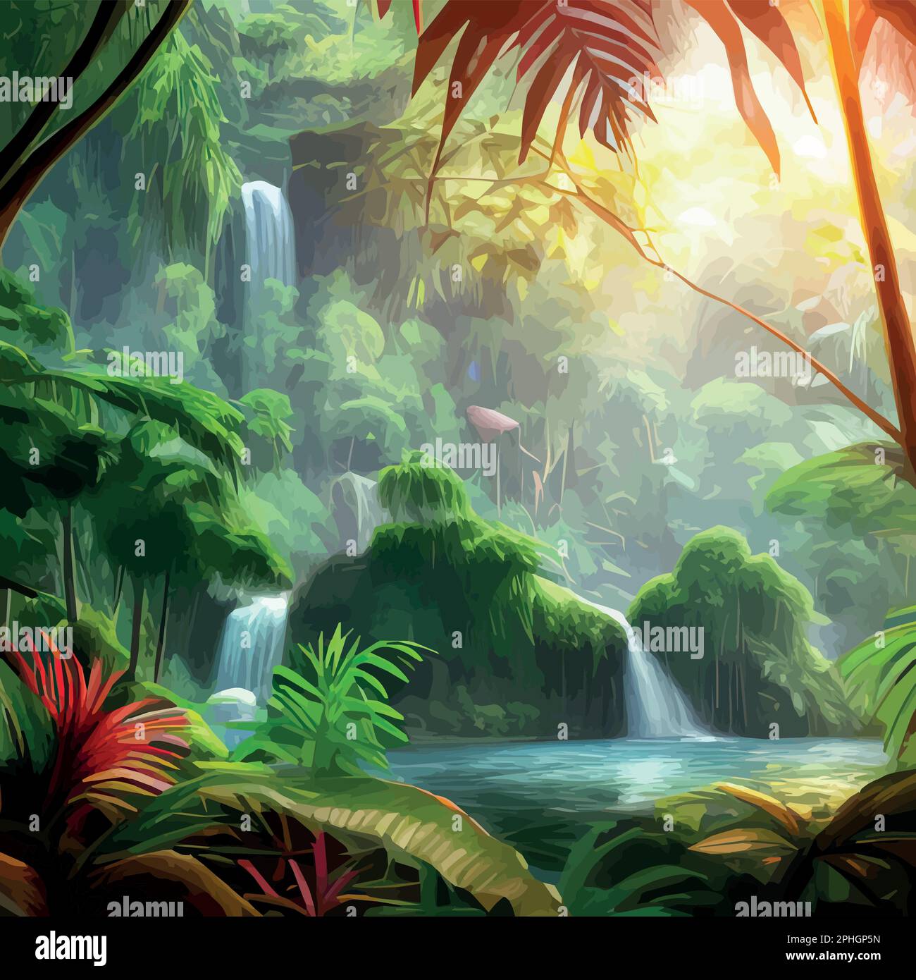Wonderful Tropical Waterfall Jungle Green Tropical