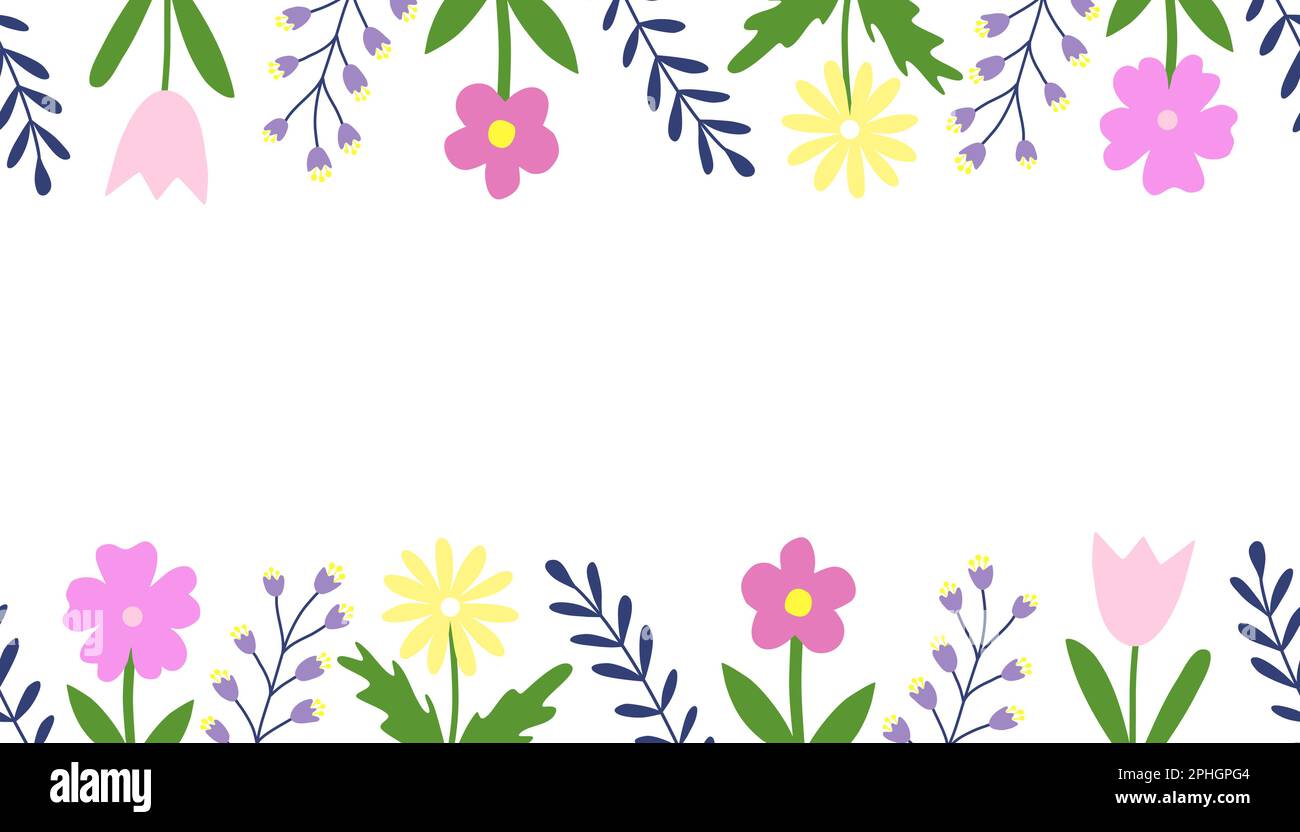 Seamless border with flowers and leaves, doodle style flat vector ...
