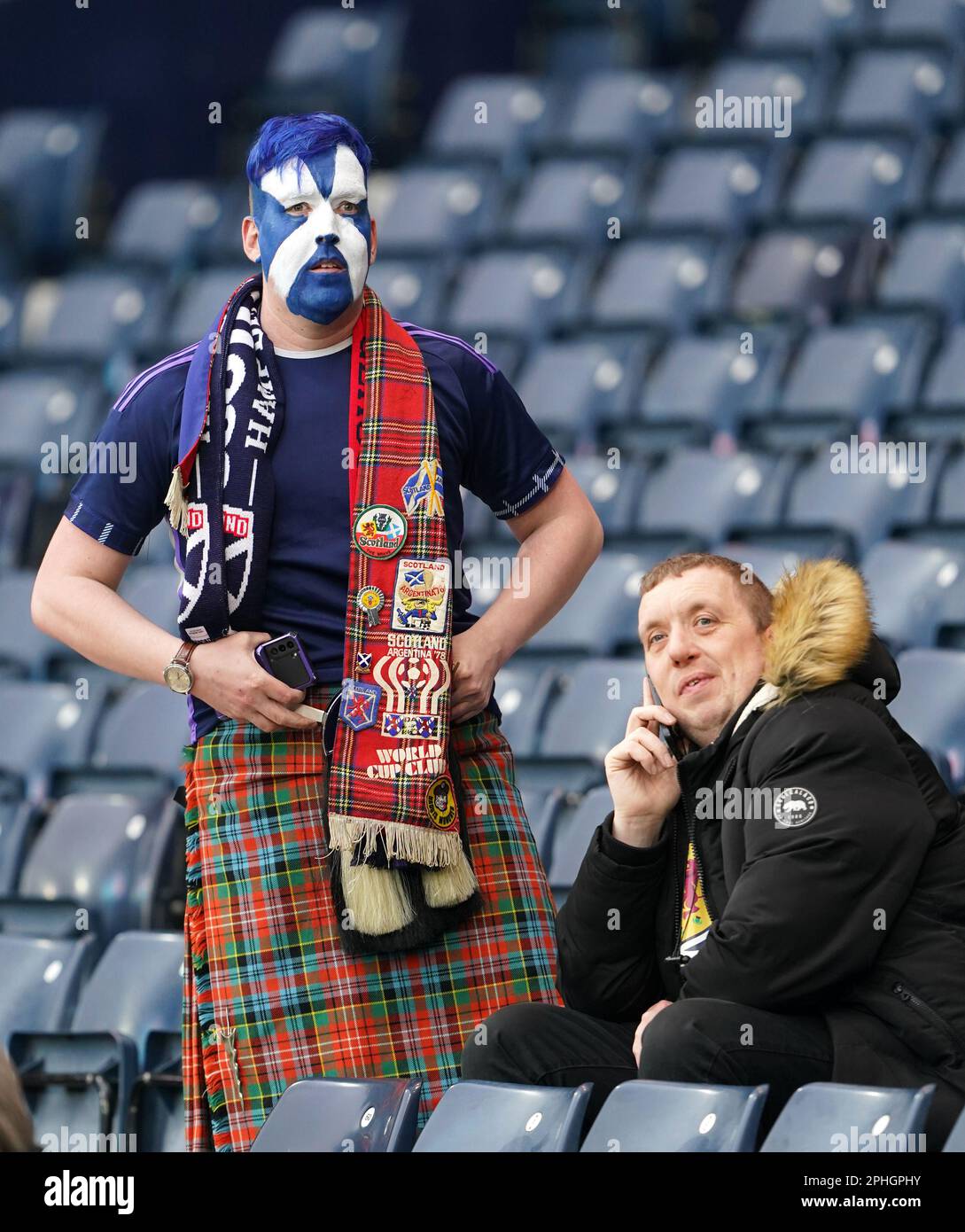 A Scotland fan in the stand in face-paint and kilt ahead of the UEFA ...