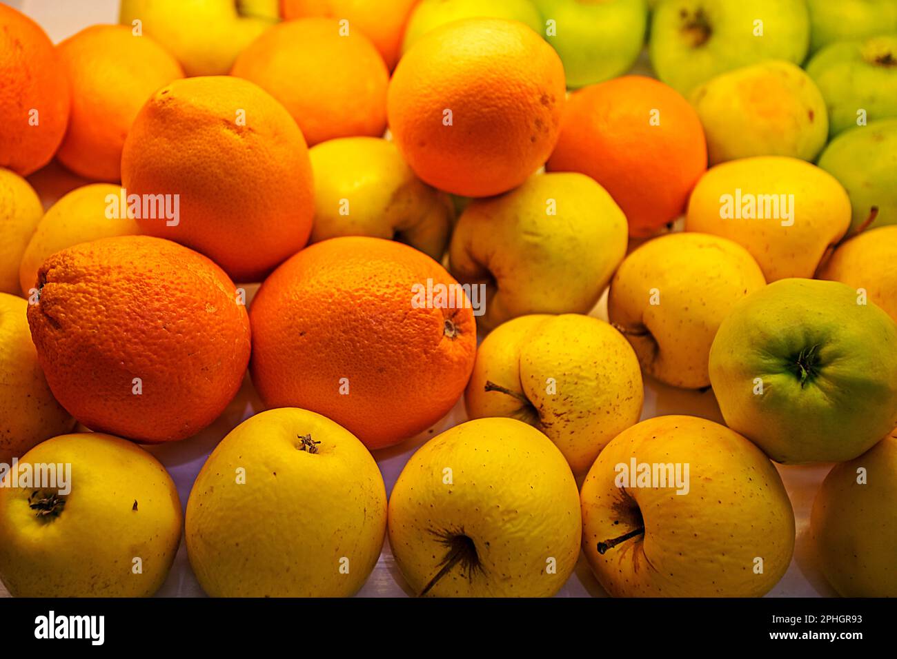 fresh green and yellow gold apples with orange juicy oranges ...