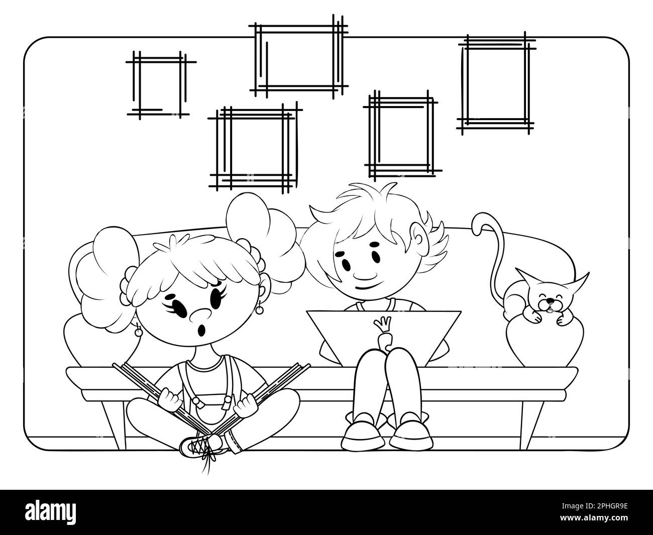 Home education coloring page. Boy and girl study at home. Antistress ...
