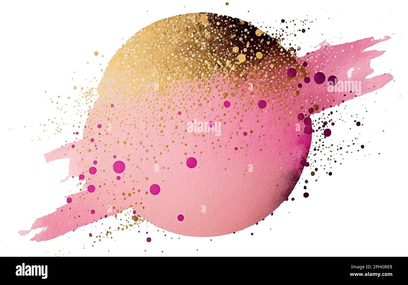 hand painted splash wet pink watercolor splash golden glitter Stock ...